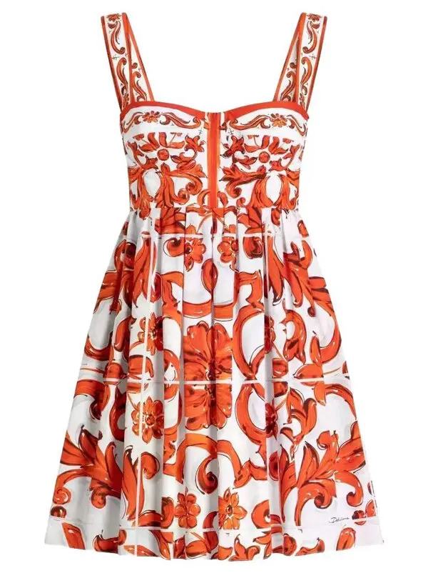 Dolce & Gabbana Majolica Print Cotton Poplin Bustier Dress - White
