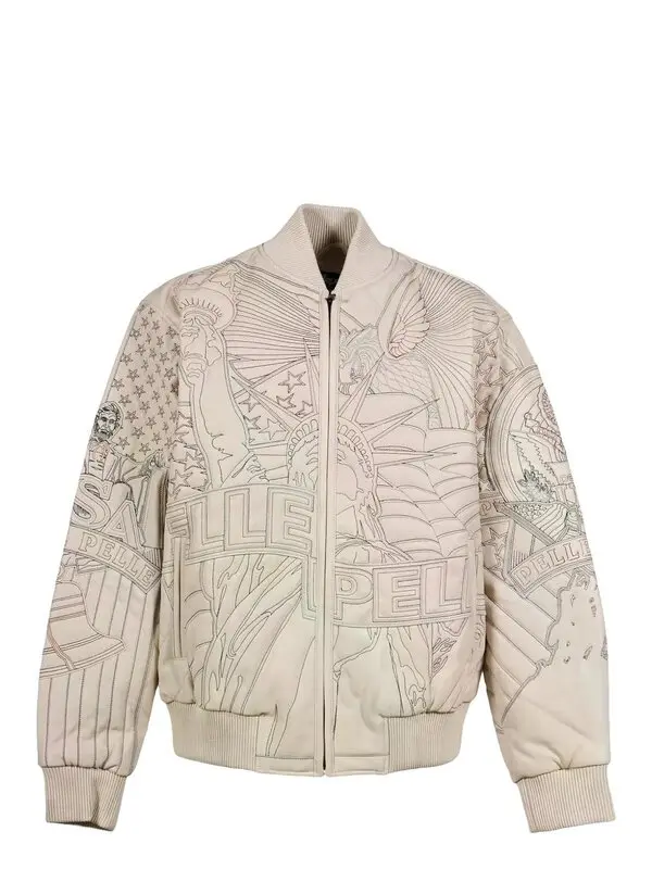 PELLE PELLE Ivory Leather Jacket With Embroidery And Ribbed Trim - Neutrals
