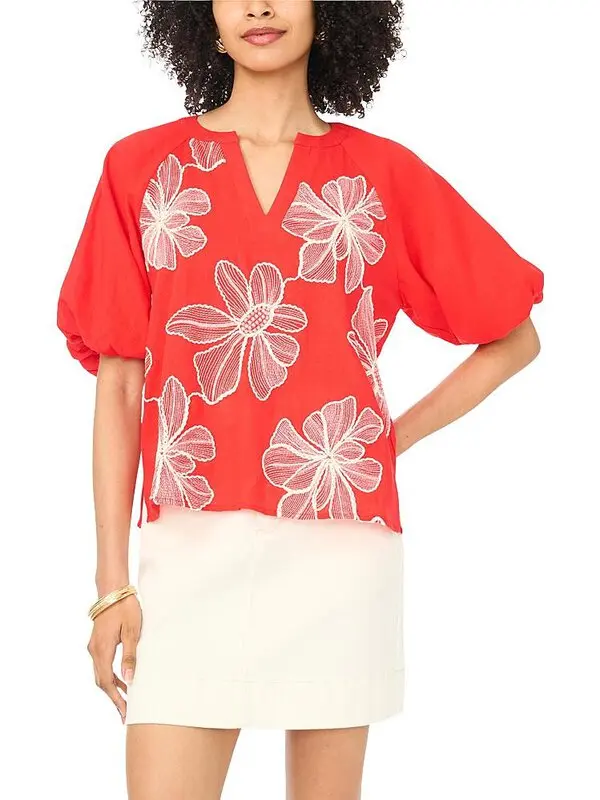 Vince Camuto Embroidered Split Neck Top - Lobster Red