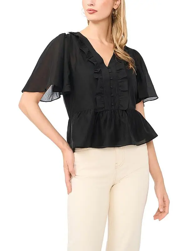 Vince Camuto V-neck Ruffle Button-down Top - Rich Black