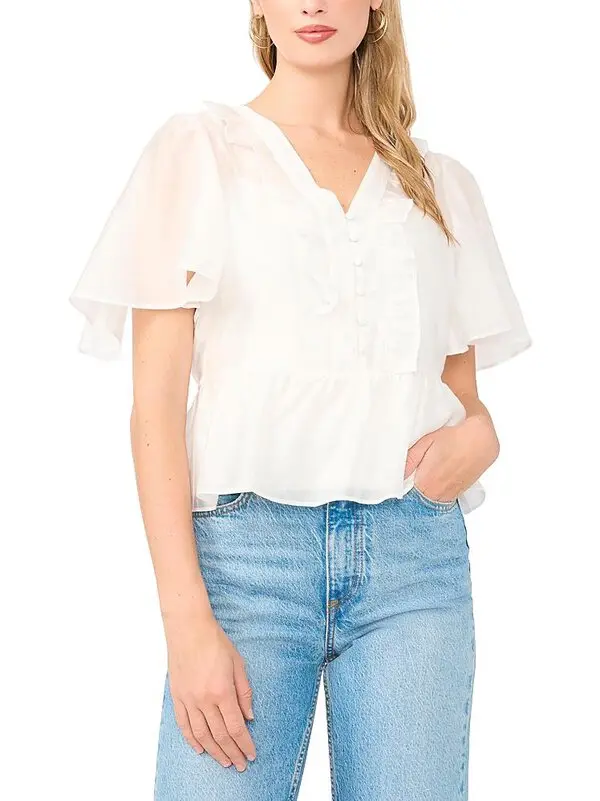 Vince Camuto V-neck Ruffle Button-down Top - Ultra White