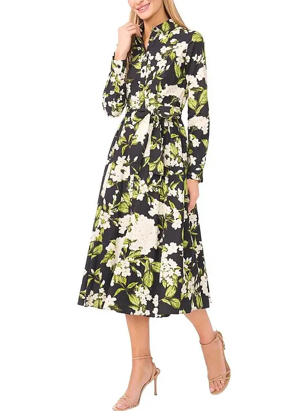 Ted Baker London Anna Floral Print Long Sleeve Midi Shirt Dress - Rich Black