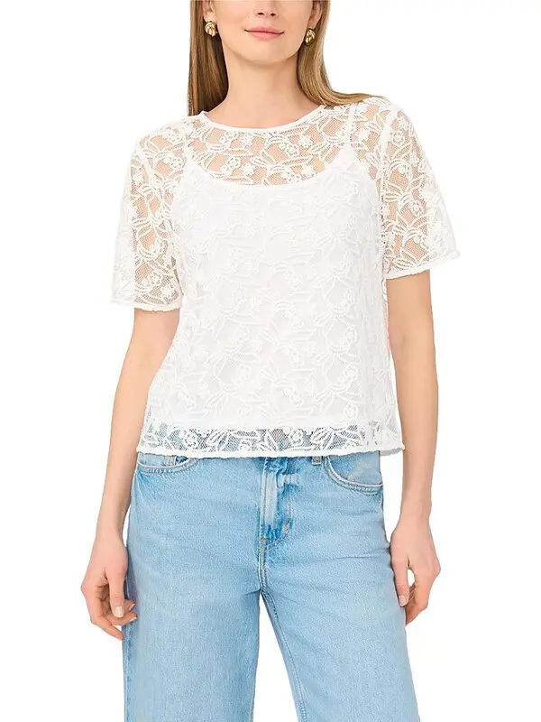 Vince Camuto Crewneck Short Sleeve Lace Blouse - Ultra White