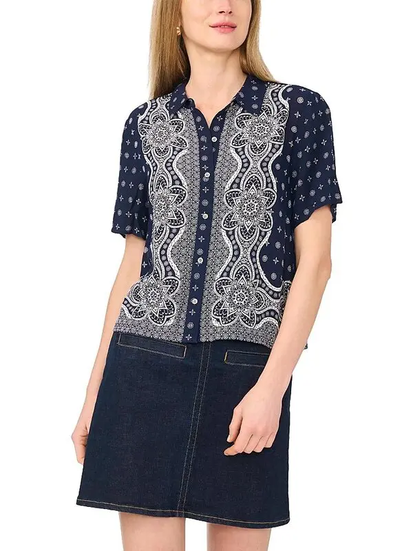Vince Camuto Printed Collared Short Sleeve Shirt - Classic Navy