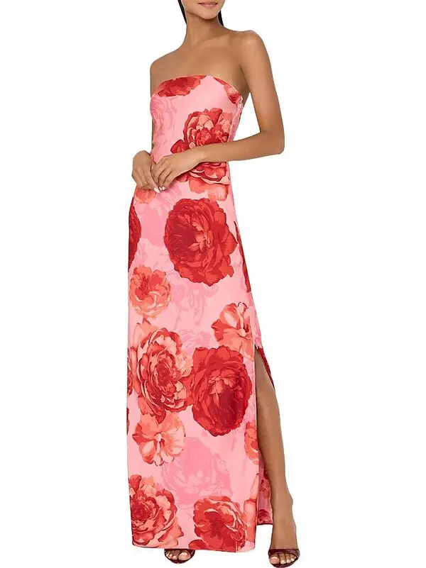 MILLY Vera Satin Floral Print Strapless Gown - Pink Multi