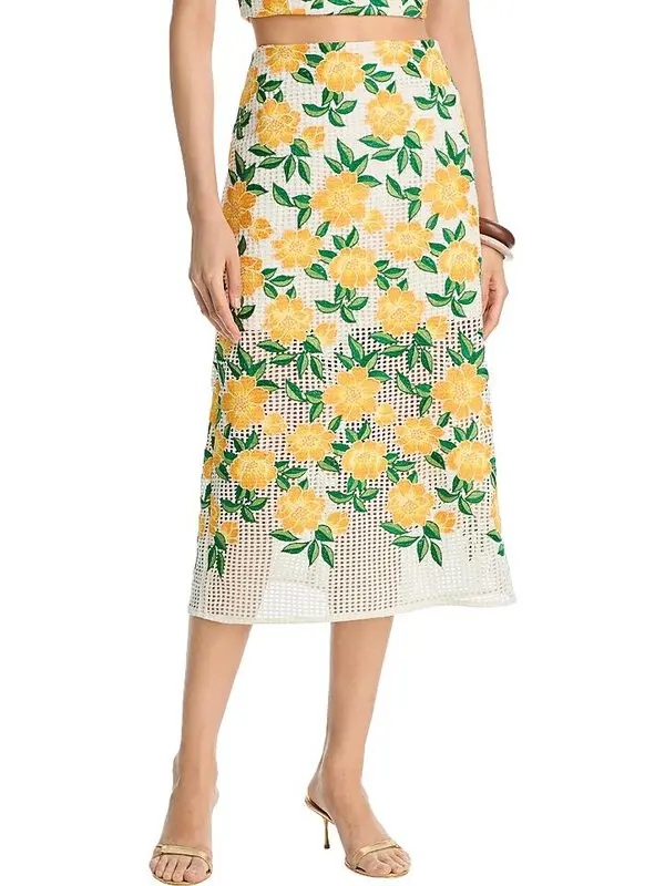 MILLY Marta Embroidered Midi Skirt - Yellow/green