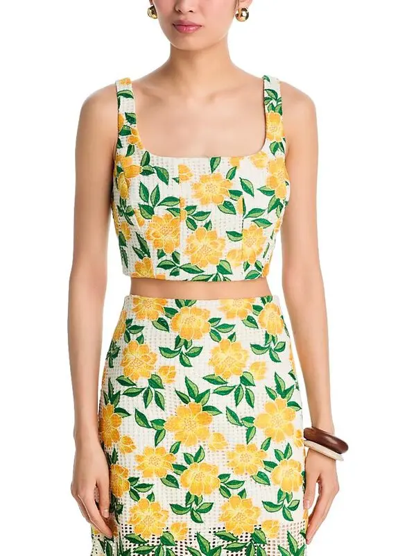 MILLY Mel Embroidered Cropped Top - Yellow/green