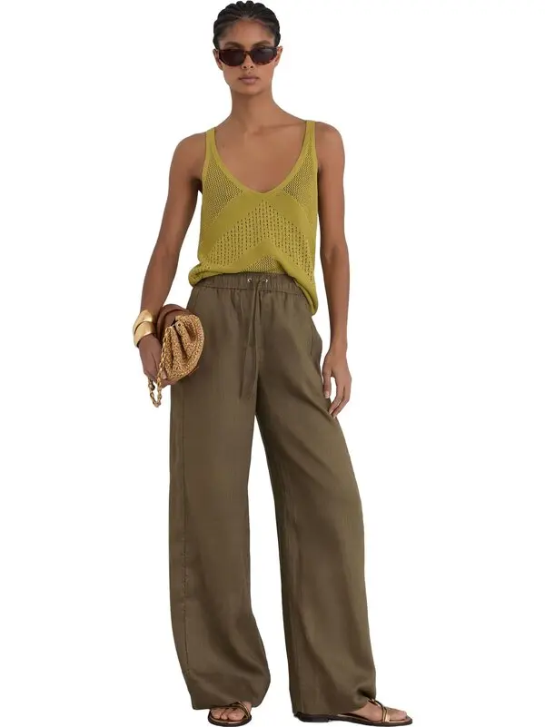 REISS Riley Linen Ladder-embroidery Wide-leg Trousers - Khaki Green
