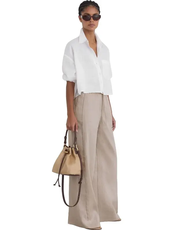 REISS Riley Linen Ladder-embroidery Wide-leg Trousers - Neutral