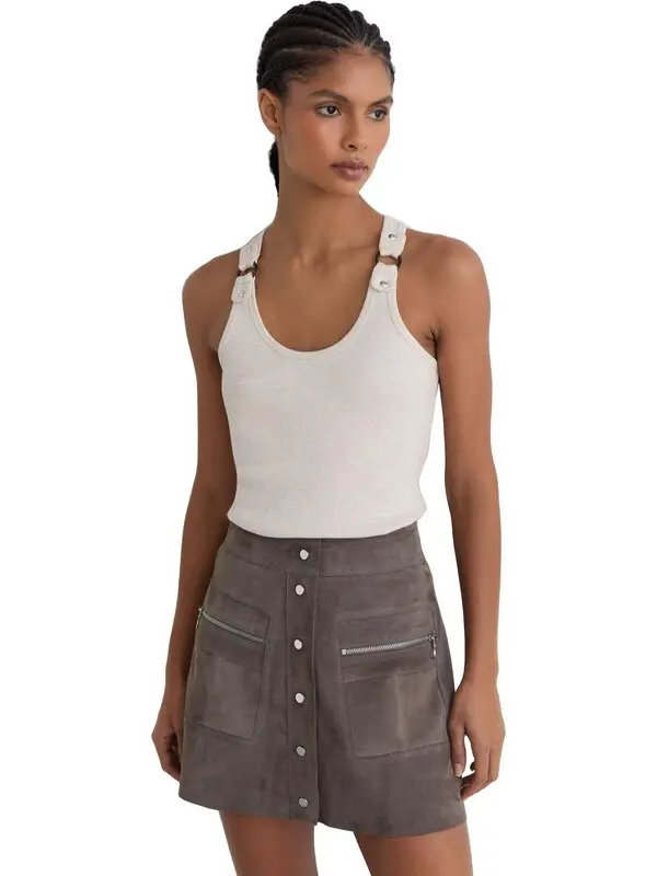 REISS Tia Suede Mini Skirt With Zip Pockets - Dark Grey