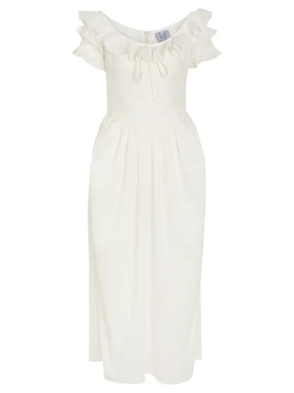 Thierry Colson Embroidered Cotton Midi Dress With Ruffled Trim - Off White