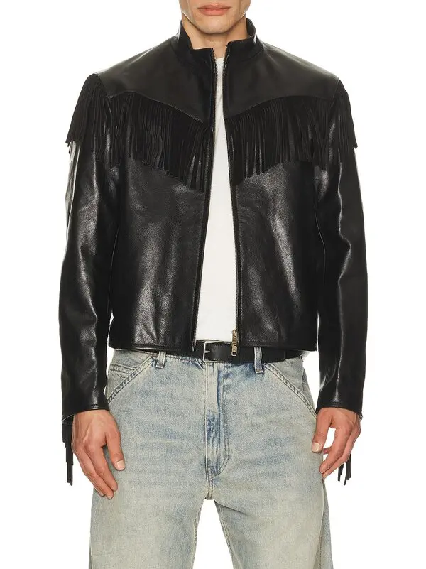 AUSTIN POST Leather Fringed Western Cafe Racer Jacket - Black