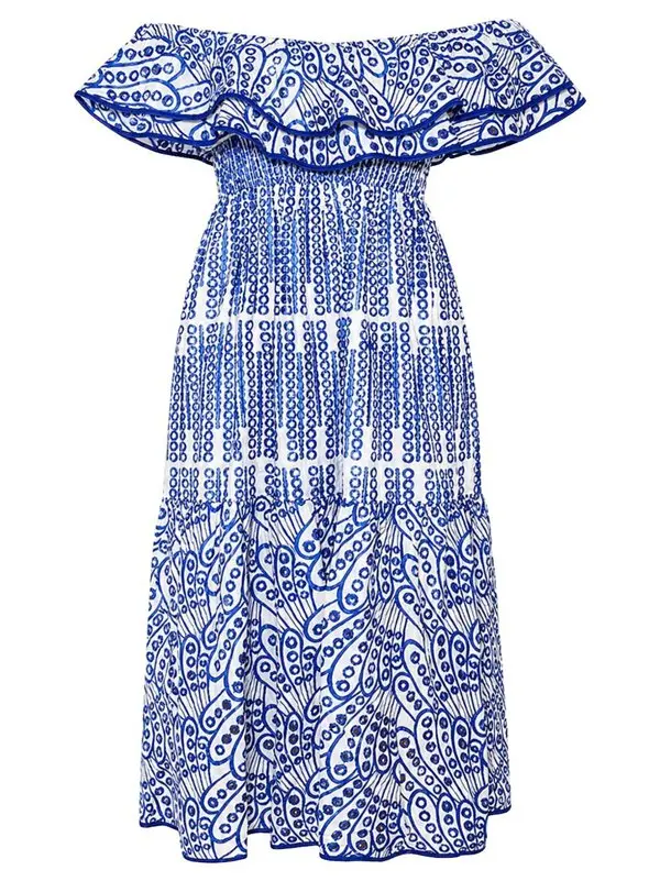 AMAANALUX Off-the-shoulder Broderie Anglaise Ruffled Midi Dress - Blue