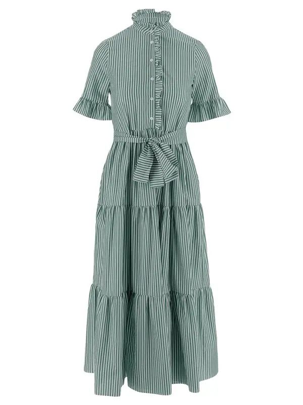 F.IT Striped Cotton Dress With Ruffled High Neck - Green