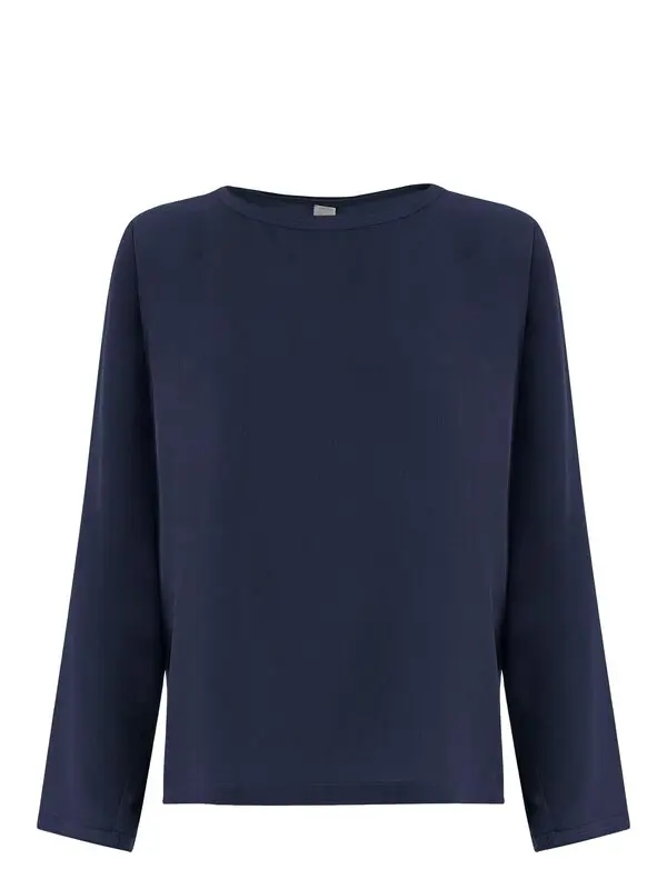 Q WINS Silk Knit Round Neck Long Sleeve Top - Blue