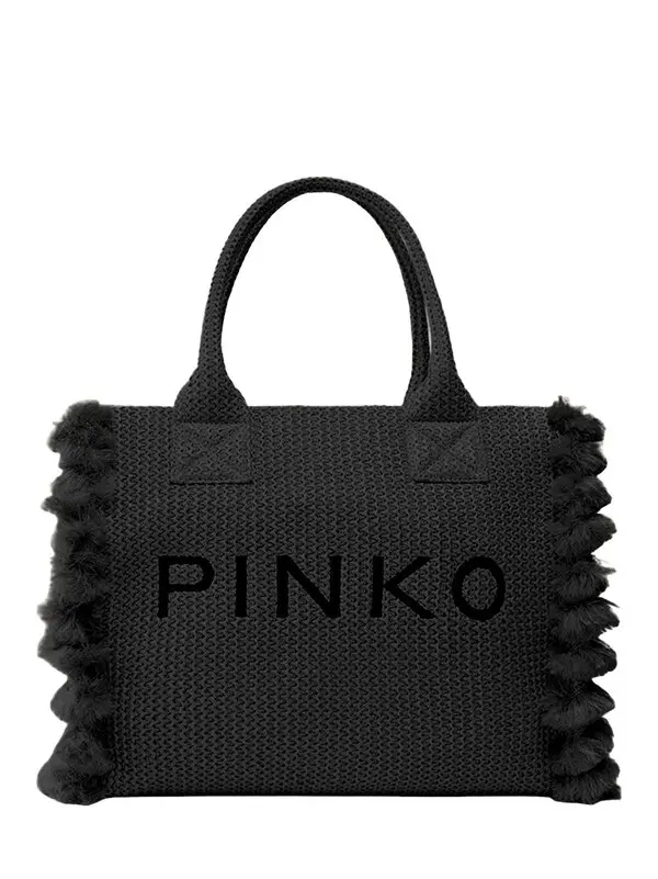 Pinko Raffia Shopping Bag With Logo And Tassels - Black