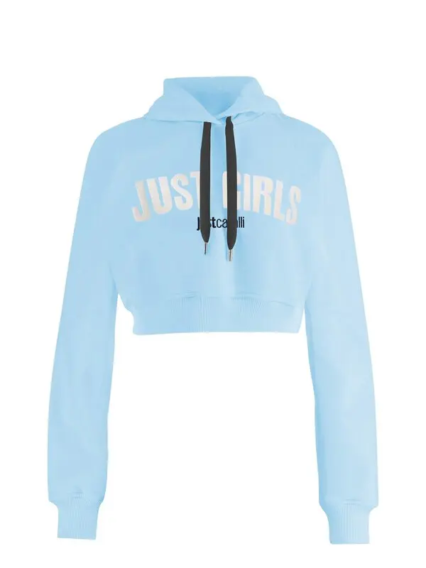 Just Cavalli Cropped Cotton Sweatshirt With Drawstring Hood - Blue