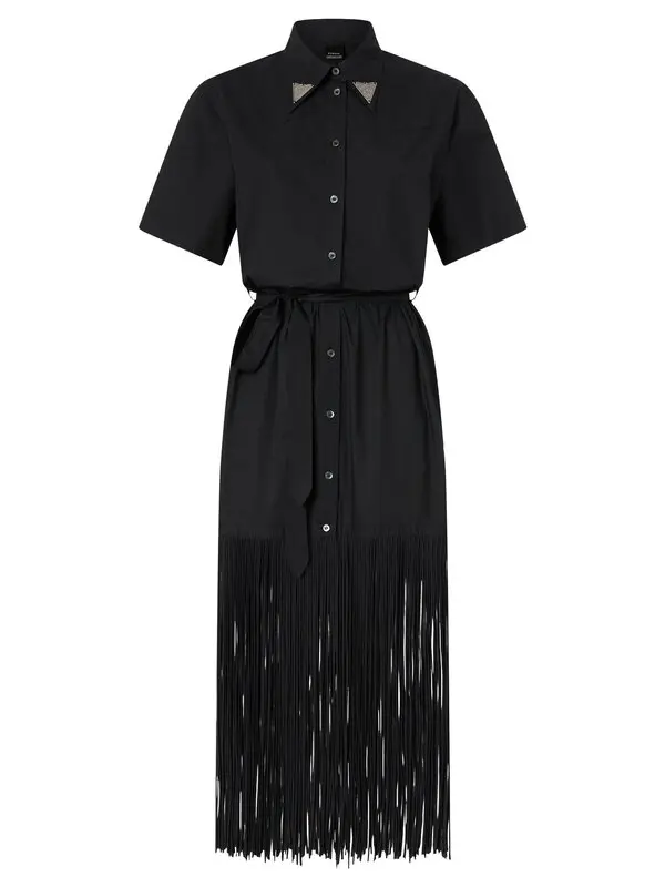 Pinko Cotton Shirt Dress With Fringe And Metallic Details - Black