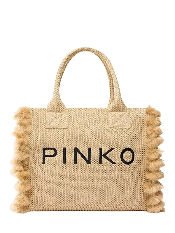 Pinko Raffia Shopping Bag With Logo And Tassels - Natural