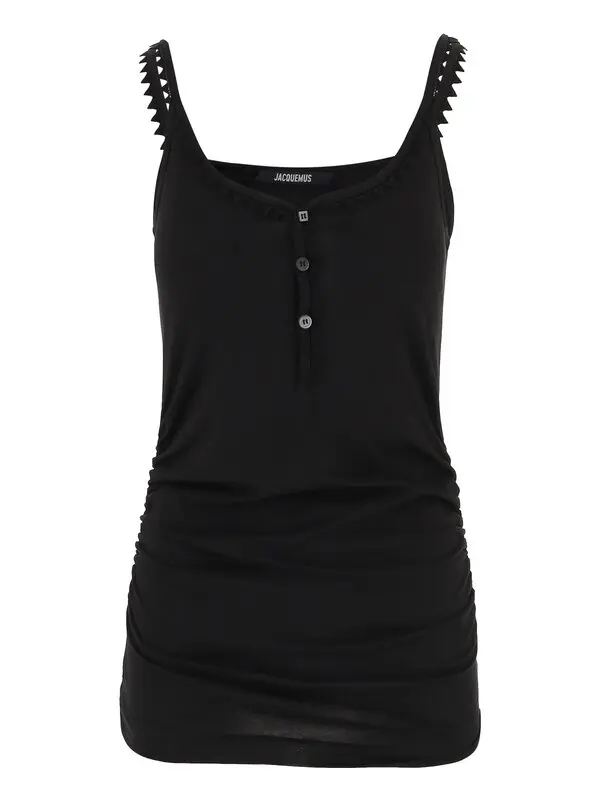 Jacquemus Cotton Top With Decorative Trim And Half-button Front - Black