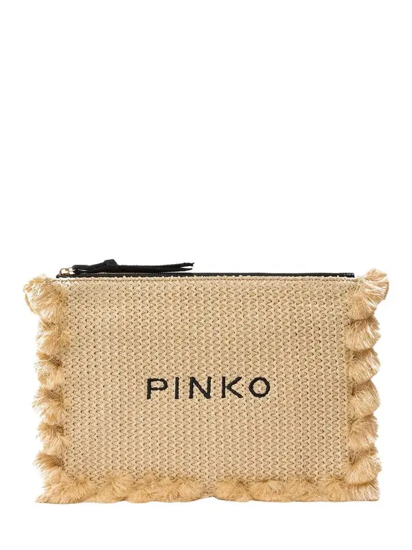 Pinko Raffia Clutch With Embroidered Logo And Tassels - Natural