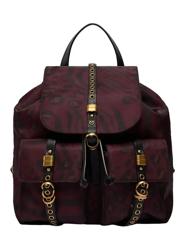 Pinko Nylon Printed Backpack With Gold Tone Hardware - Red