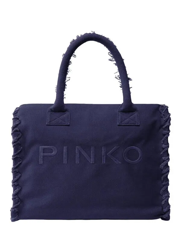 Pinko Cotton Shopper Bag With Logo And Fringe Details - Viola Scuro