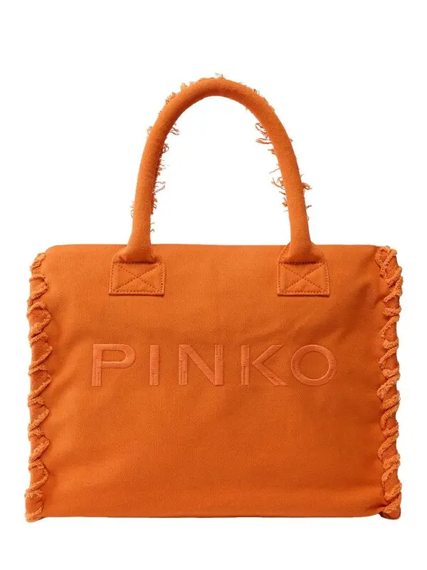 Pinko Cotton Shopper Bag With Logo And Fringe Details - Orange