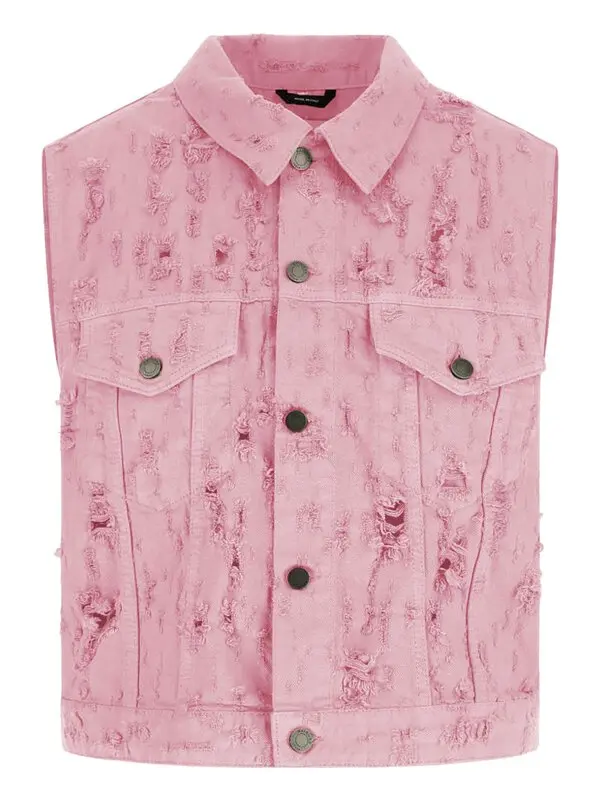 HAIKURE Cotton Denim Vest With Fringed Details - Pink