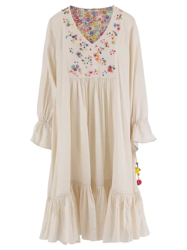 Pero Long Sleeve Silk Embroidered Maxi Dress - Ivory