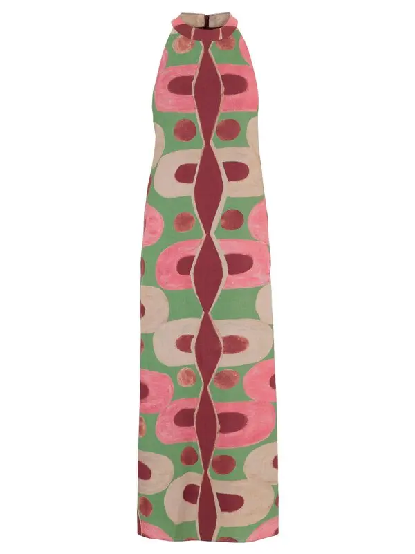 PHILIPPA 1970 Long Dress With Geometric Print In Linen - Red