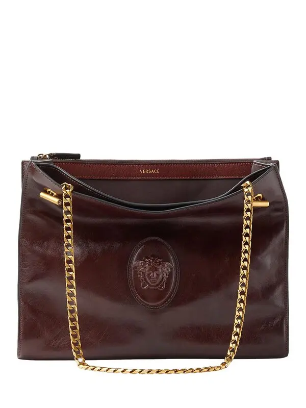 Versace Leather Shoulder Bag With Medusa Cameo Appliqu - Brown