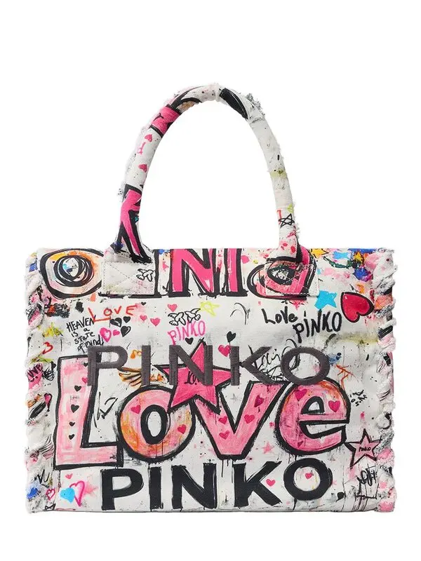 Pinko Cotton Shopper Bag With Fringe Detail And Graffiti Print - Red