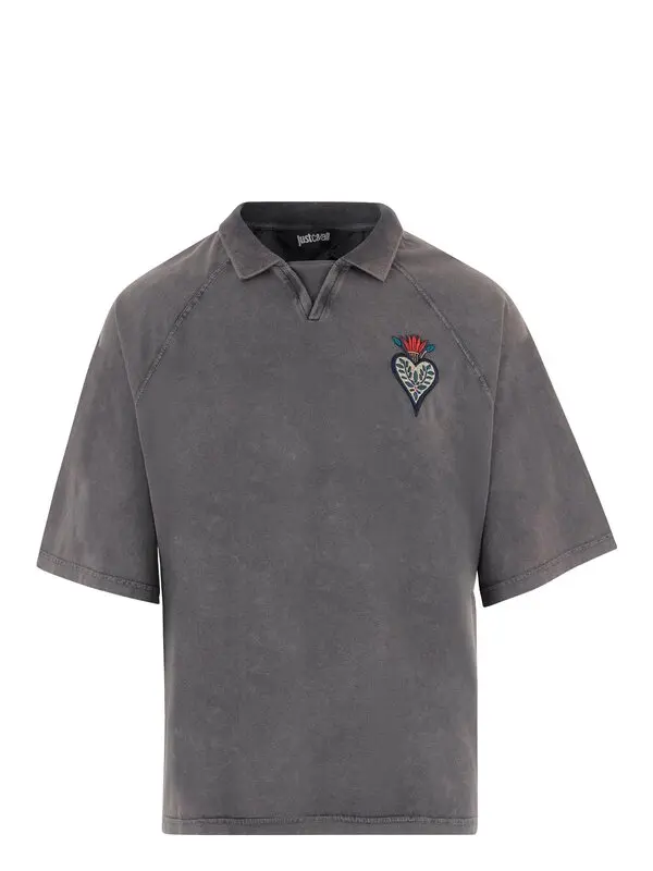 Just Cavalli Cotton T Shirt With Flame Embroidery And Back Logo - Grey