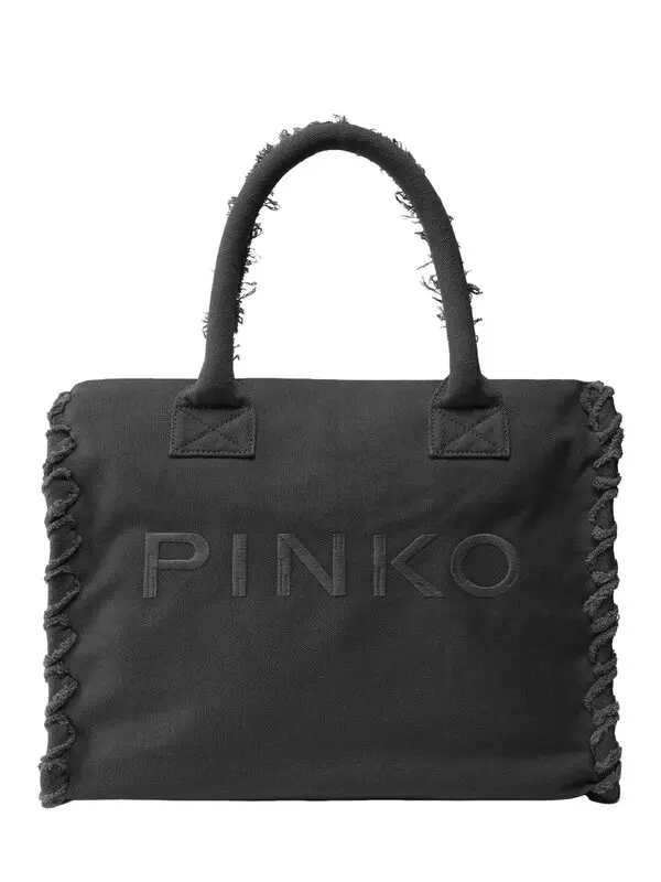 Pinko Cotton Shopper Bag With Logo And Fringed Details - Black