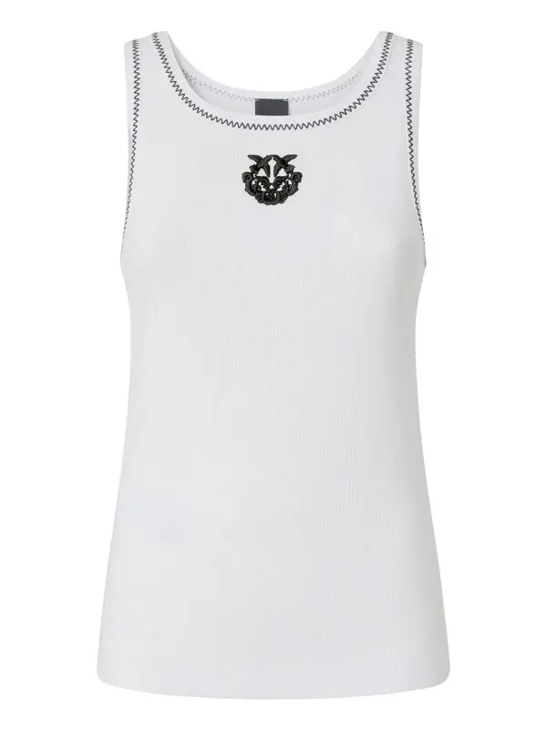 Pinko Ribbed Tank Top With Love Birds Embroidery - White