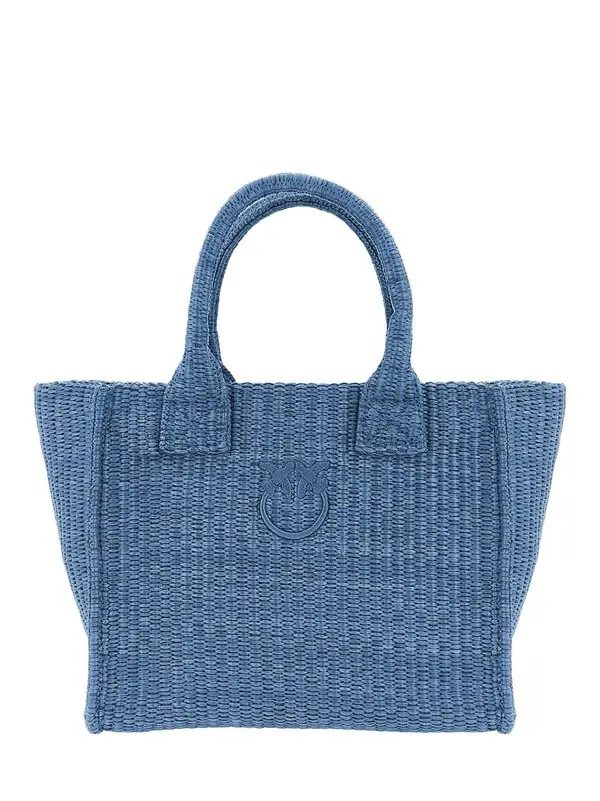 Pinko Raffia Shopper Bag With Embroidered Logo - Light Blue