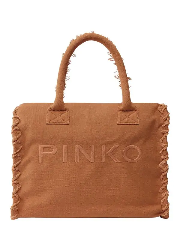 Pinko Cotton Shopper Bag With Logo Detail And Fringe - Brown