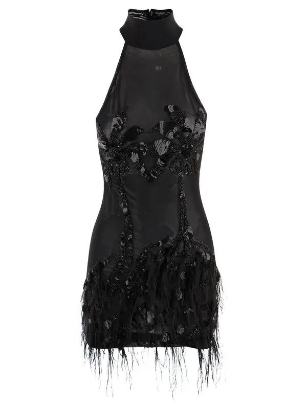 Just Cavalli Technical Jersey Dress With Feathered Details - Black