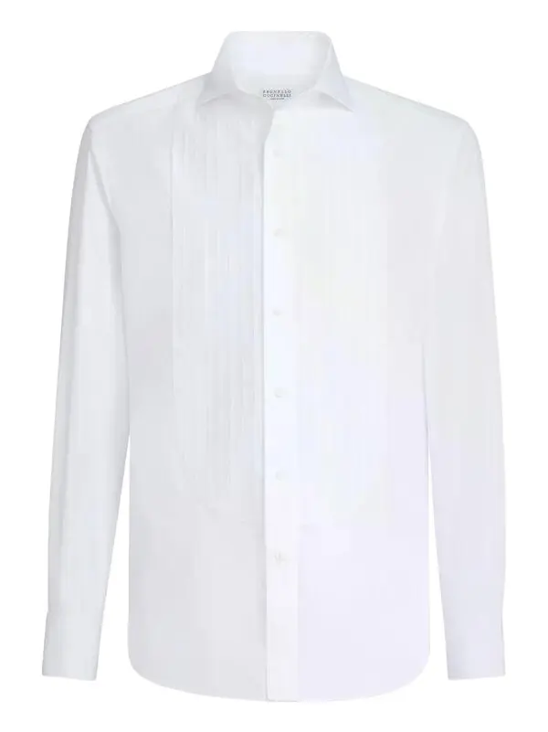 Brunello Cucinelli Sea Island Cotton Twill Slim Fit Shirt With Point Collar And Pleated Bib - White
