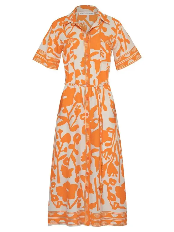 STATE OF GEORGIA Printed Cotton Linen Midi Shirt Dress With Drawcord Waist - Orange