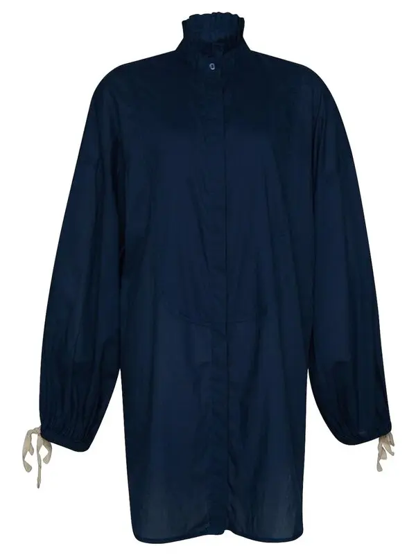 STATE OF GEORGIA Oversized Cotton Shirt Dress With Ruffled Collar And Drawstring Cuffs - Blue