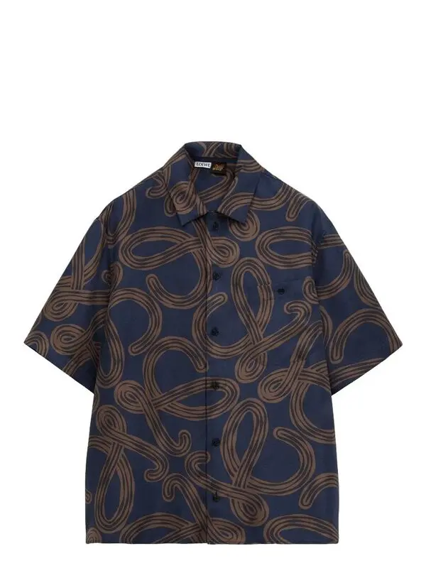 Loewe Paula's Ibiza Short Sleeve Silk Shirt Navy And Brown - Blue