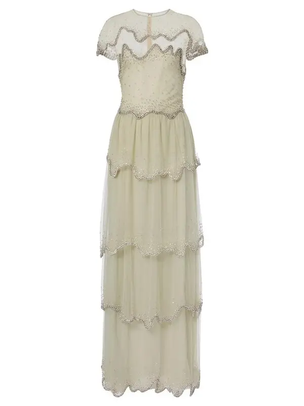 Costarellos Zaria Embellished Tiered Tulle Gown - Green