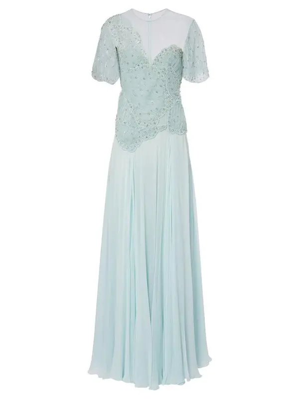 Costarellos Embellished Silk-blend Georgette Gown - Blue