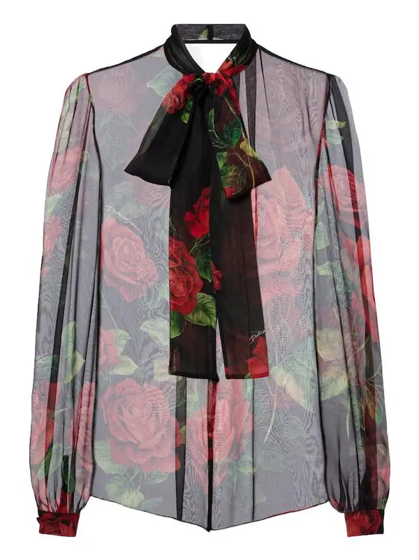 Dolce & Gabbana Floral Sheer Silk Chiffon Blouse - Red