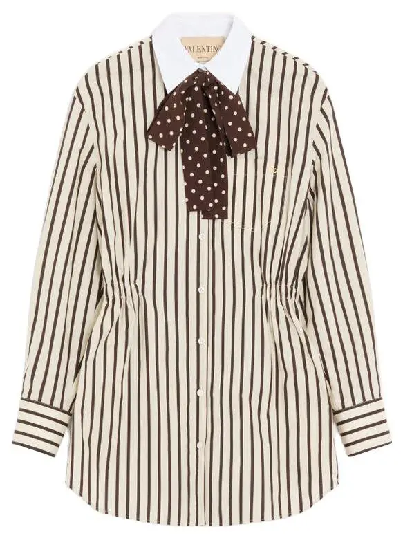 Valentino Garavani Midi Dress In Printed Striped Poplin - Ivory/chocolate