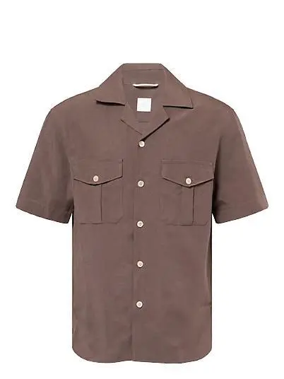 Eleventy Bowling-collar Short-sleeve Linen-cotton Blend Shirt - Brown