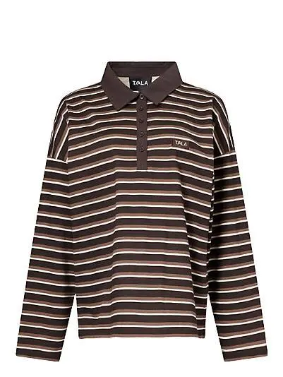 TALA Striped Relaxed-fit Cotton Rugby Polo Shirt - Mocha Brown