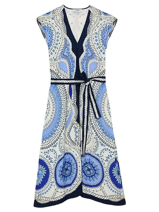 REISS Heidi Scarf-print Woven Midi Dress - Ivory Blue